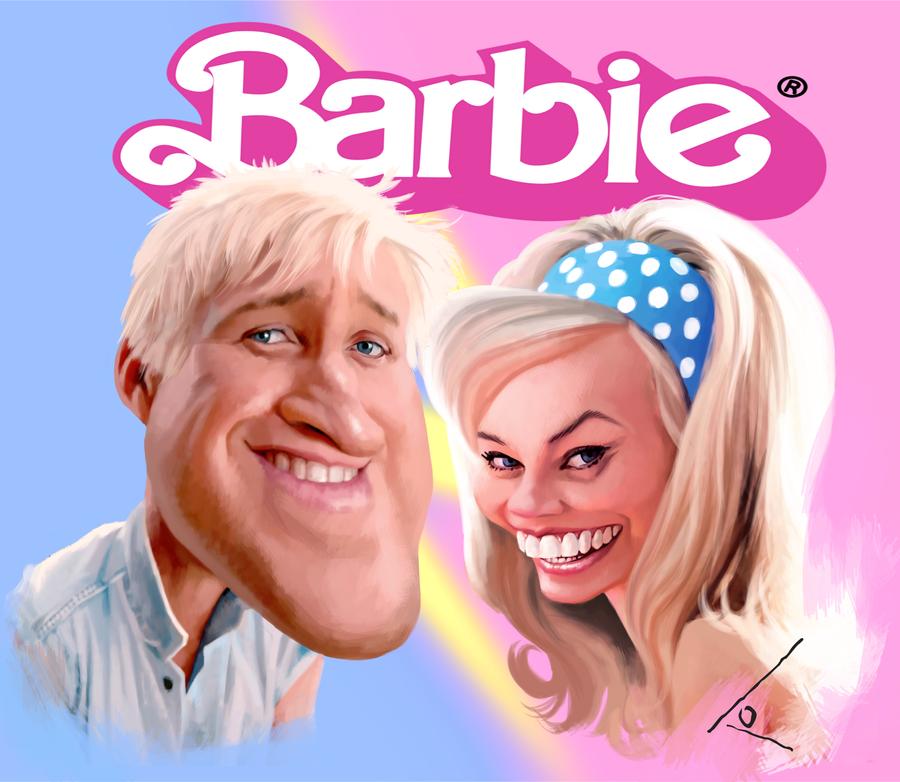Caricature:Ken–Ryan Gosling & Barbie–Margot Alice Robbie