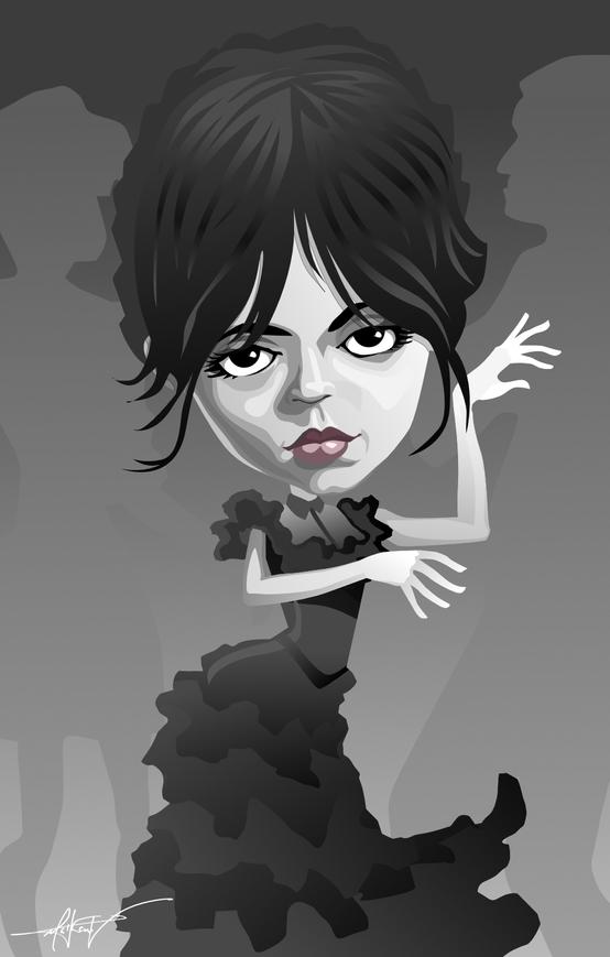 Caricature:Jenna Ortega, as Wednesday Addams, doing her now-iconic ...